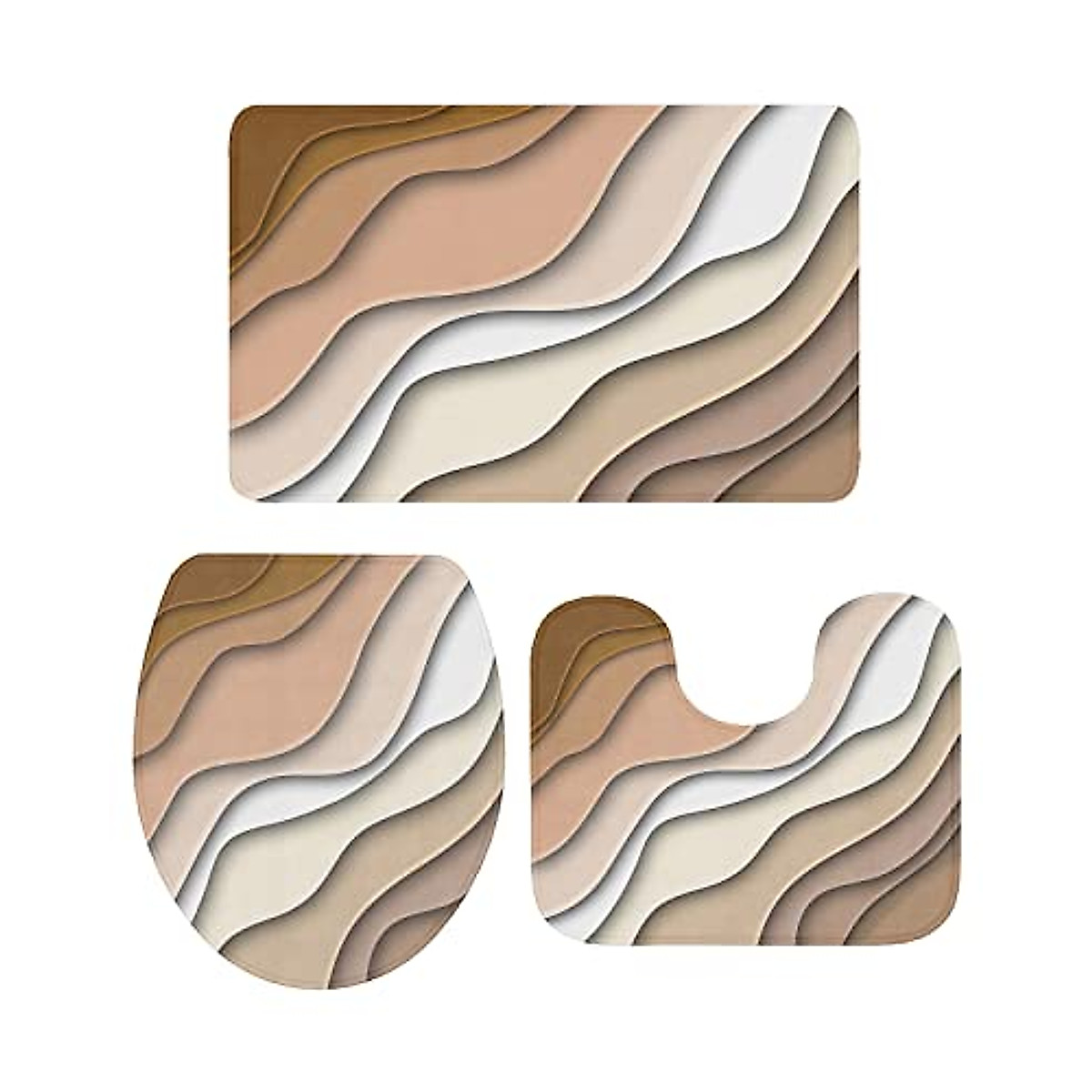 Ombre Bath Rugs for Bathroom Set 3 Piece Beach Geometric Gradient Brown Striped Non-Slip Washable Memory Foam Absorbent Bath Mat Runner Rugs for Tub Shower,U-Shaped Toilet Floor Mats,Toilet Lid Cover