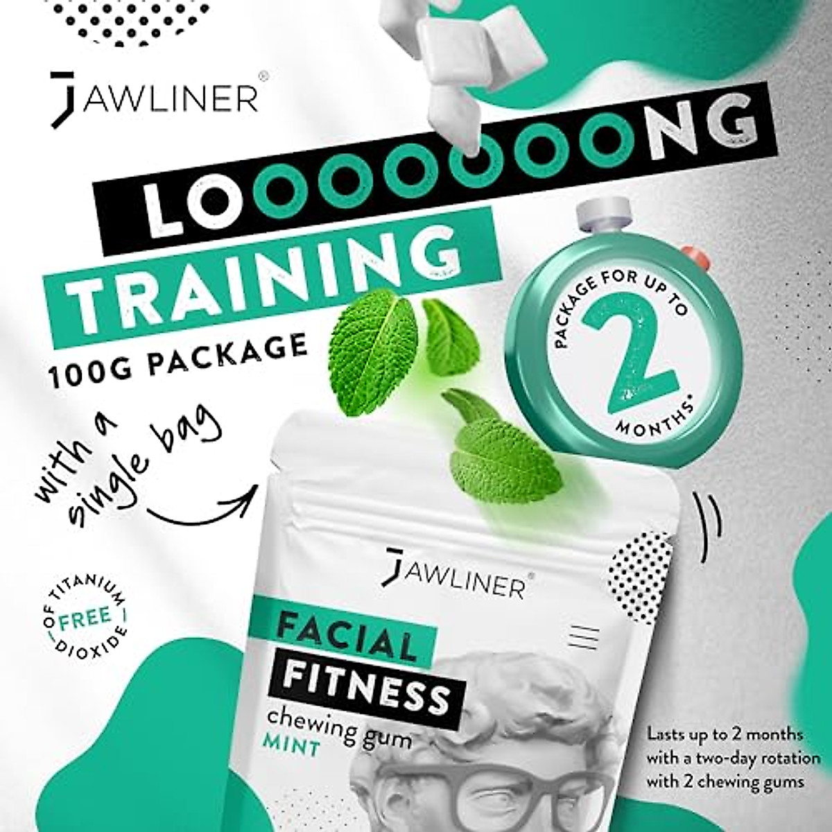 JAWLINER Fitness Chewing Gum (2 months pack) Jawline Sugar Free Mint Gum - - Jawline Exerciser For Mewing And Shapen The Jaw - 15x Harder Than Regular Gum