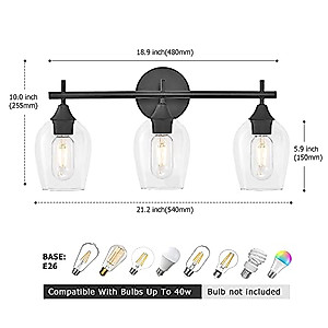 XGFOURSEVEN 3-Light Black Bathroom Lighting Fixture, Vintage Vanity Light with Clear Glass Shade,Modern Wall Lamp for Bedroom Hallway Living Room (Black, 3-Light)