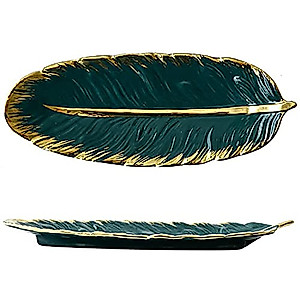 Organizer Tray Feather Trinket Dish Ceramic Jewelry Dish Organizer Vanity Dressers Tray for Bathroom Closets Tray Desk Ornate Jewelry-Green