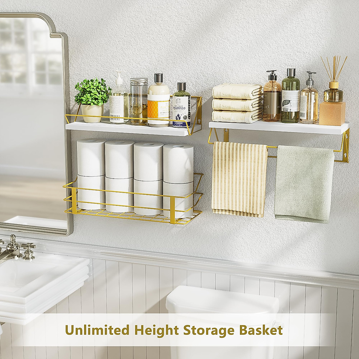 Love-KANKEI Floating Shelves Wall Mounted, Bathroom Shelves Over Toilet with Towel Bar,Wall Shelves with Storage Wire Basket, Wood Shelves for Bedroom Kitchen Living Room Books, Set of 3, White