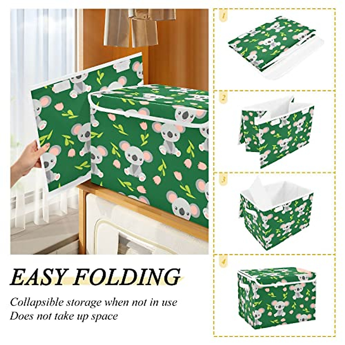 Koala Babies and Pink Flowers Storage Bin, Storage Baskets with Lids Large Organizer Collapsible Storage Bins Cube for Bedroom, Shelves, Closet, Home, Office 16.5 X 12.6 X 11.8 Inch