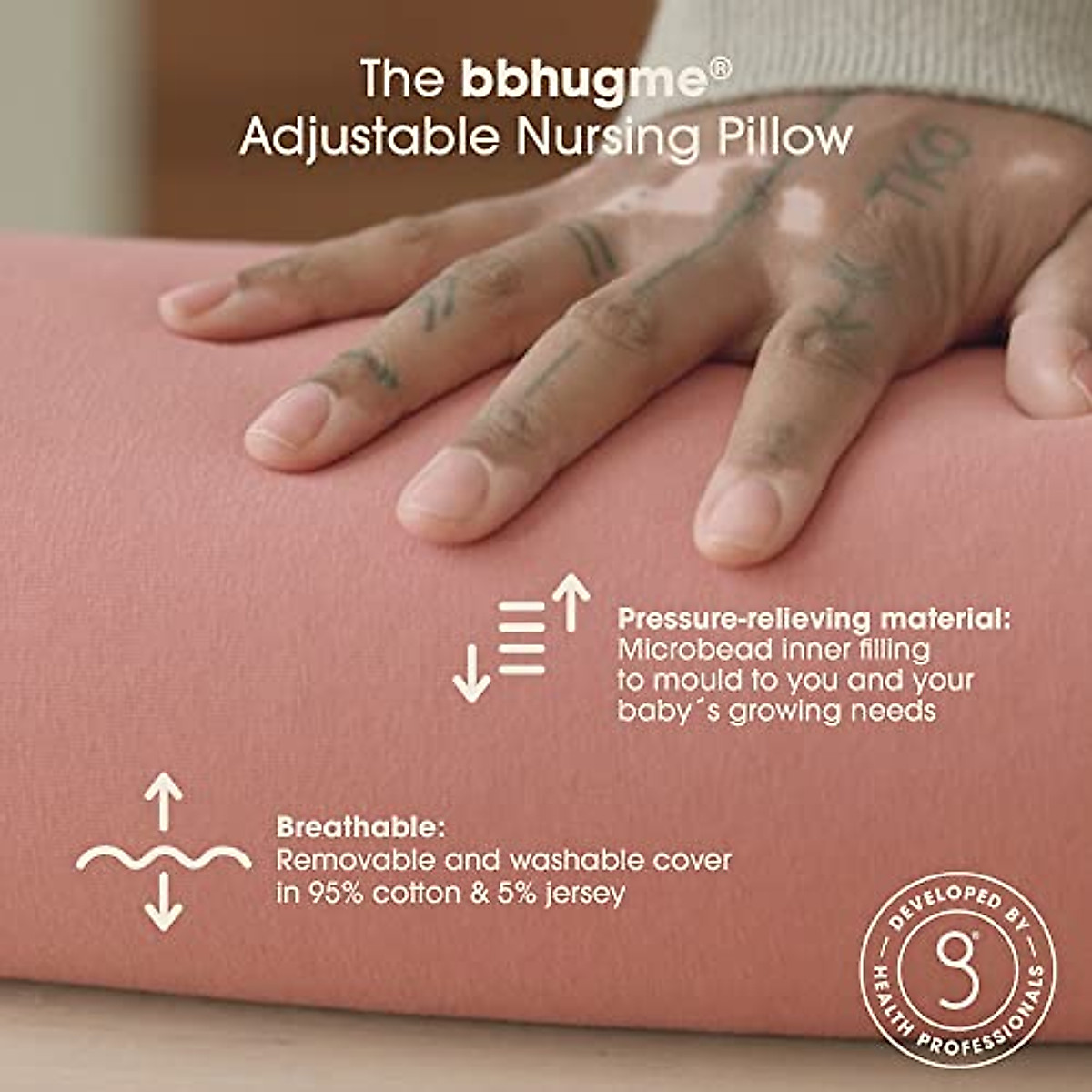 bbhugme Adjustable Nursing Pillow - Breastfeeding, Bottle Feeding, Baby Support - Adjustable Firmness and Fit - Washable Pillow Cover - Grey Melange