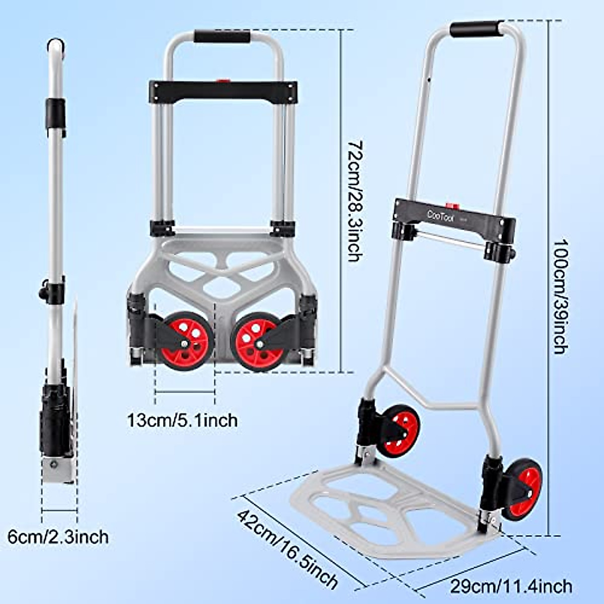 CooTool Folding Hand Truck and Dolly, 265 lb Capacity Aluminum Portable Cart with Telescoping Handle and PP+EVA Wheels