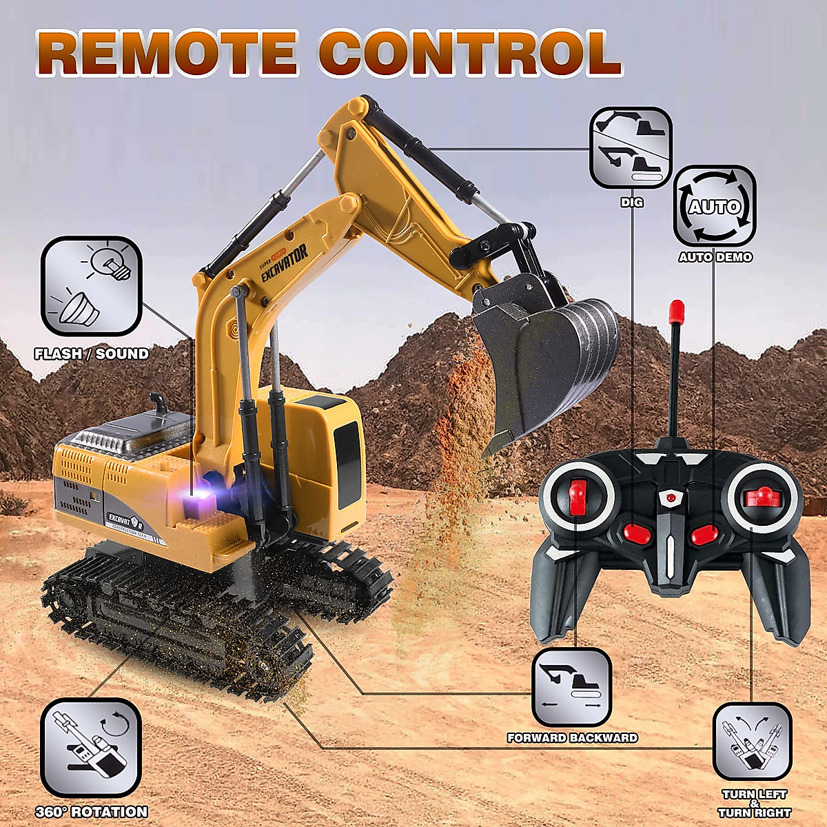 Vanzer RC Excavator Toy, Remote Control Hydraulic Toy Car for 6,7, 8, 9-14 Year Old Boys Girls, Construction Tractor Vehicle, Rechargable Engineering Digger Truck, Best Birthday Gifts for Kids