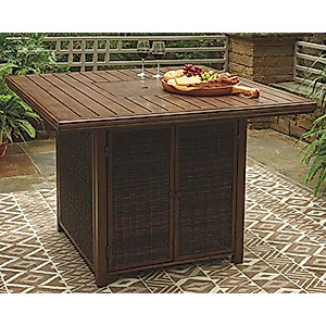 Signature Design by Ashley Paradise Trail Square Bar Table with Fire Pit, Medium Brown & Paradise Trail Outdoor 27.5" Wicker Patio Barstool, 2 Count, Brown