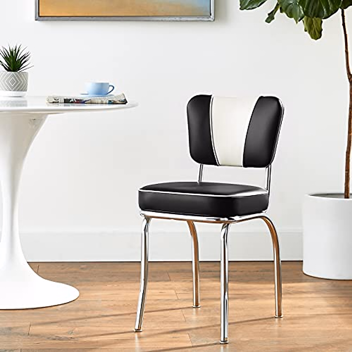 Richardson Seating V-Back Chrome Diner Chair with 2" Box Seat, NULL, Metal, Black and White
