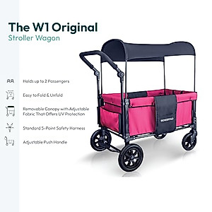 WONDERFOLD W1 Original Double Stroller Wagon (2 Seater) - Collapsible Wagon Stroller with Seats with 5-Point Harnesses, Adjustable Push Handle, and Sun Canopy, Fuschia Pink
