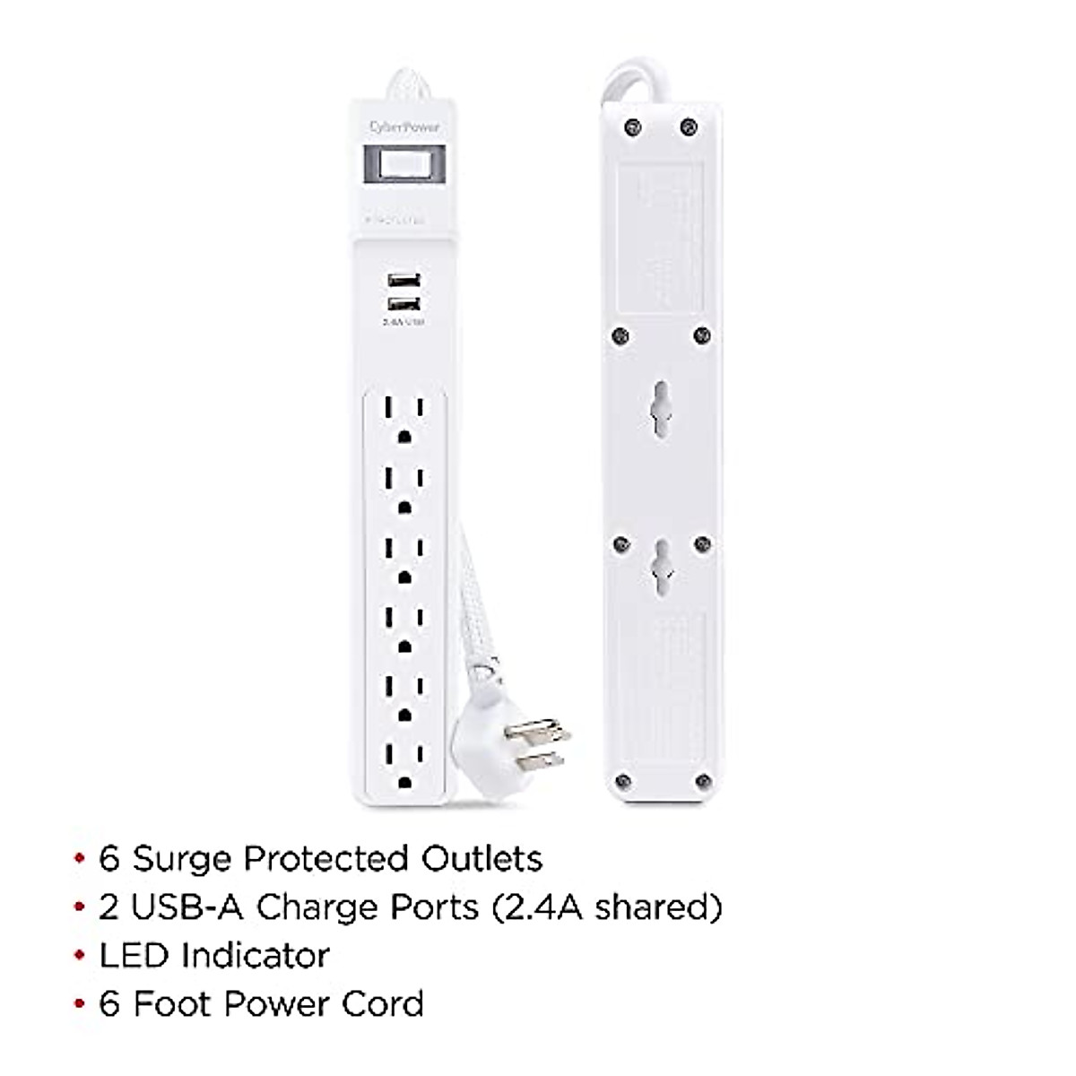 CyberPower P606URC2 Surge Protector, 500J/125V, 15A, 6 Outlets, 2 USB Charging Ports, 6 Foot Cord, White