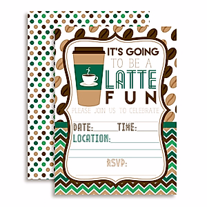 Latte Fun Green and Brown Coffee Birthday Party Invitations, 20 5x7 Fill In Cards with Twenty White Envelopes by AmandaCreation