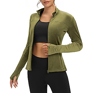GYM RAINBOW Womens Velvet Workout Jackets Full Zip Lightweight Athletic Running Jacket with Pockets(#1 Green,X-Large)