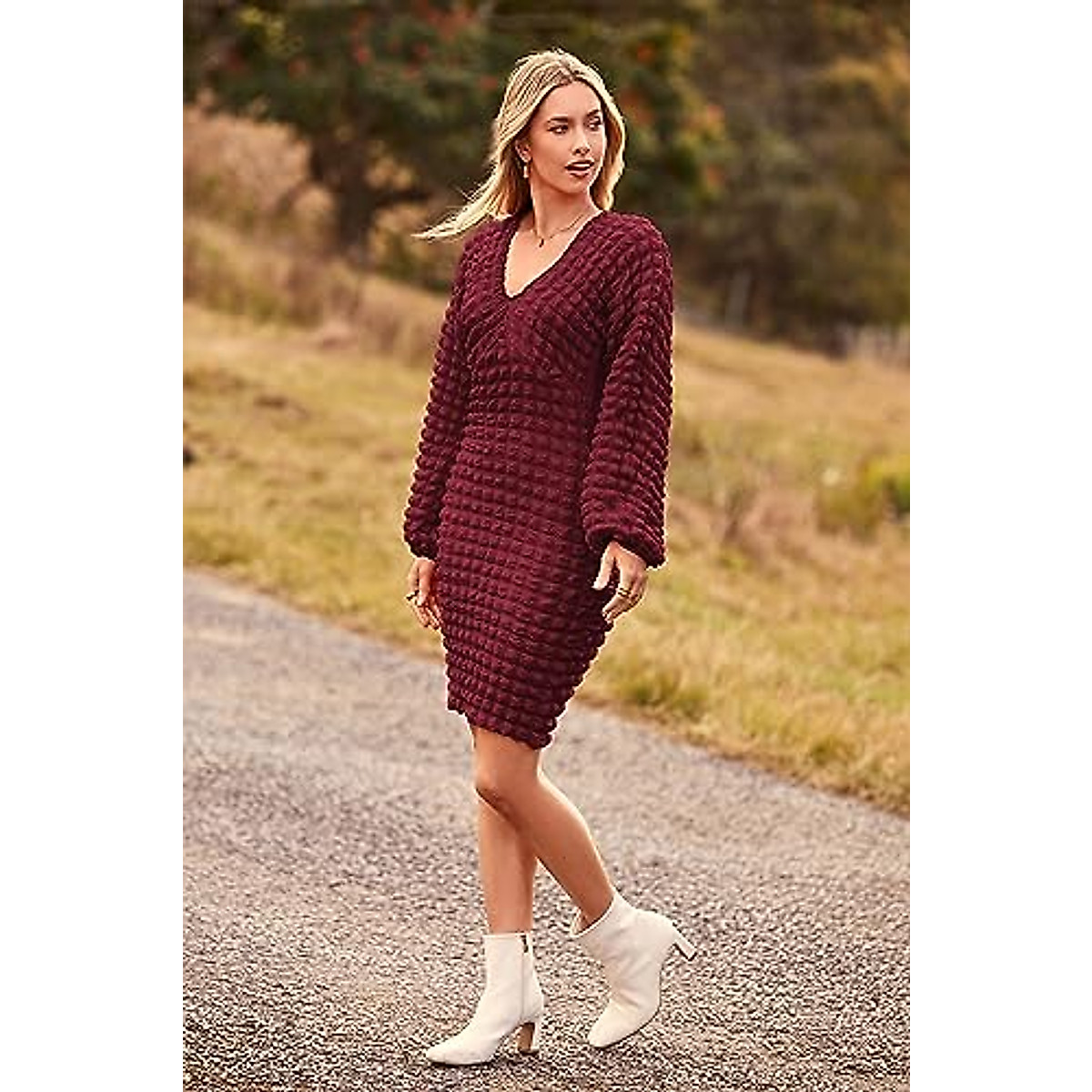 PRETTYGARDEN Women's Fall Mini Bodycon Dress Long Puff Sleeve V Neck Fitted Party Club Dresses (Wine Red,X-Large)