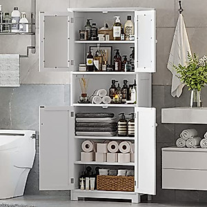 Tiptiper Tall Bathroom Storage Cabinet, Large Floor Cabinet with Open Compartments and 2 Cabinets with Doors, 64” Height Freestanding Linen Tower Cabinet, for Home Kitchen, Living Room, White