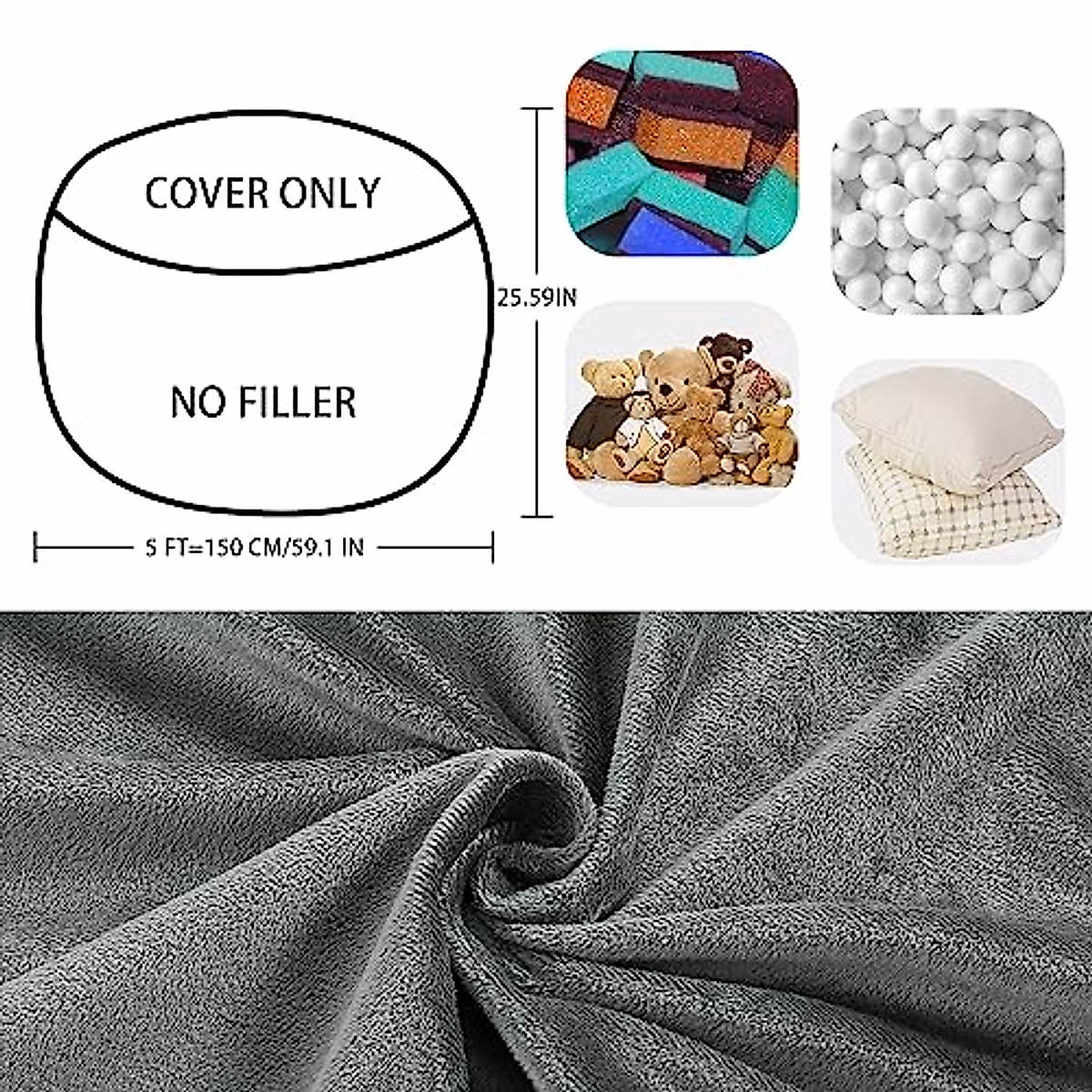 XIECUVA Bean Bag Chair Cover (Not A Full Bean Bag), Large Round Soft Fluffy Ultra-Fine Fiber Velvet Sofa Bed Cover, Lazy Sofa Bed Cover, 5ft Dark Grey (Cover Only, No Filler)