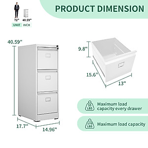 VIYET 3 Drawer File Cabinet, Metal Vertical File Cabinets with Lock for Home Office, Office Steel Filing Cabinet for Hanging Files for A4/ Legal/Letter,Assembly Required (White)