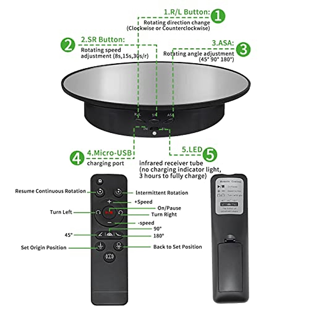 ZLMONDEE Remote Spinning Rotating Display Stand ,Motorized Rotating Turntable Platform Lazy Susan with Mirror 7.87inch/17.6lb Load for Photography Products (Black)