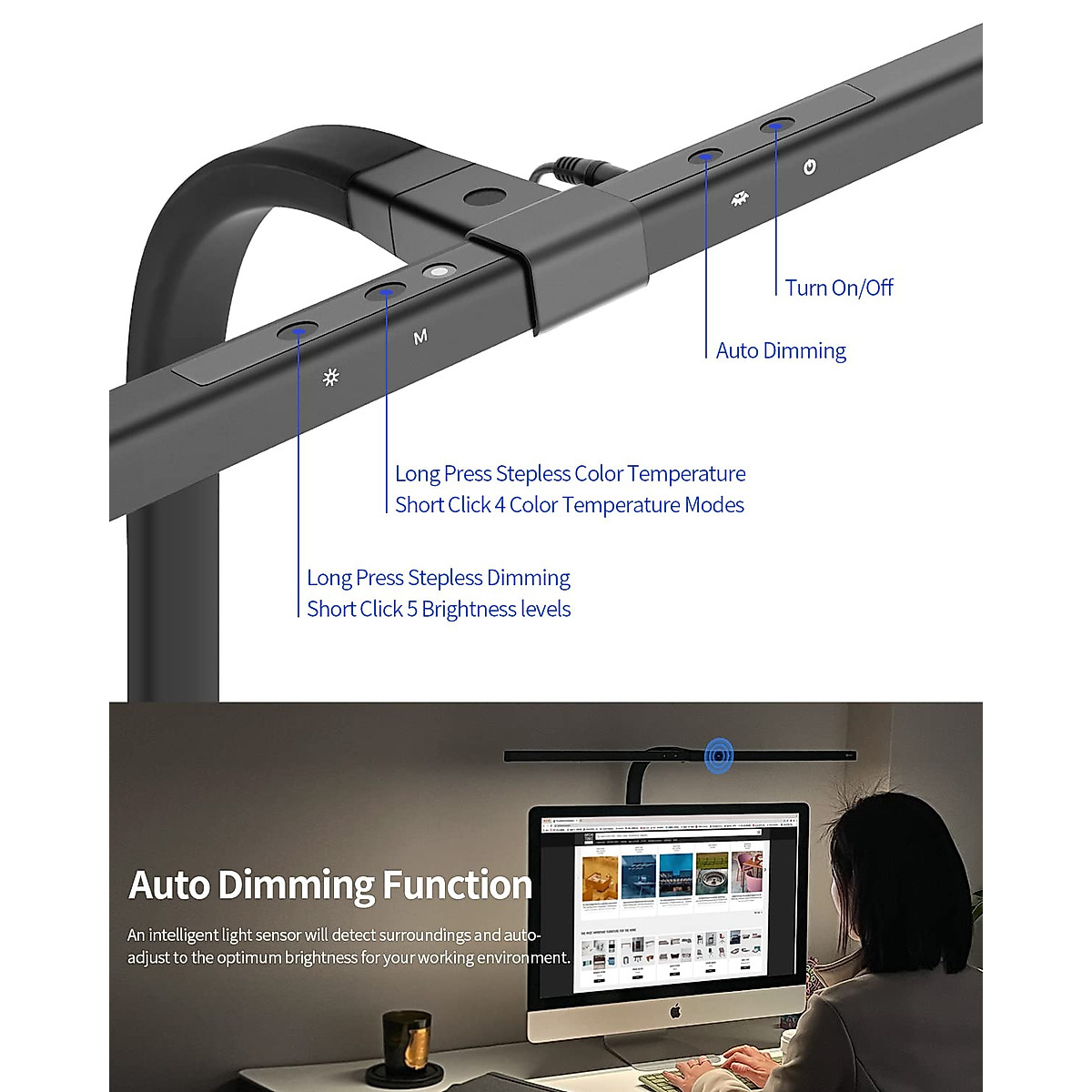 Desk Lamps for Home Office, 24W Extra Bright Architect Desk Lamp with Clamp, 31.5" Wide Modern Black Desk Lights with Auto Dimming Memory Function, Stepless Dimming task lamp for Workbench Monitor