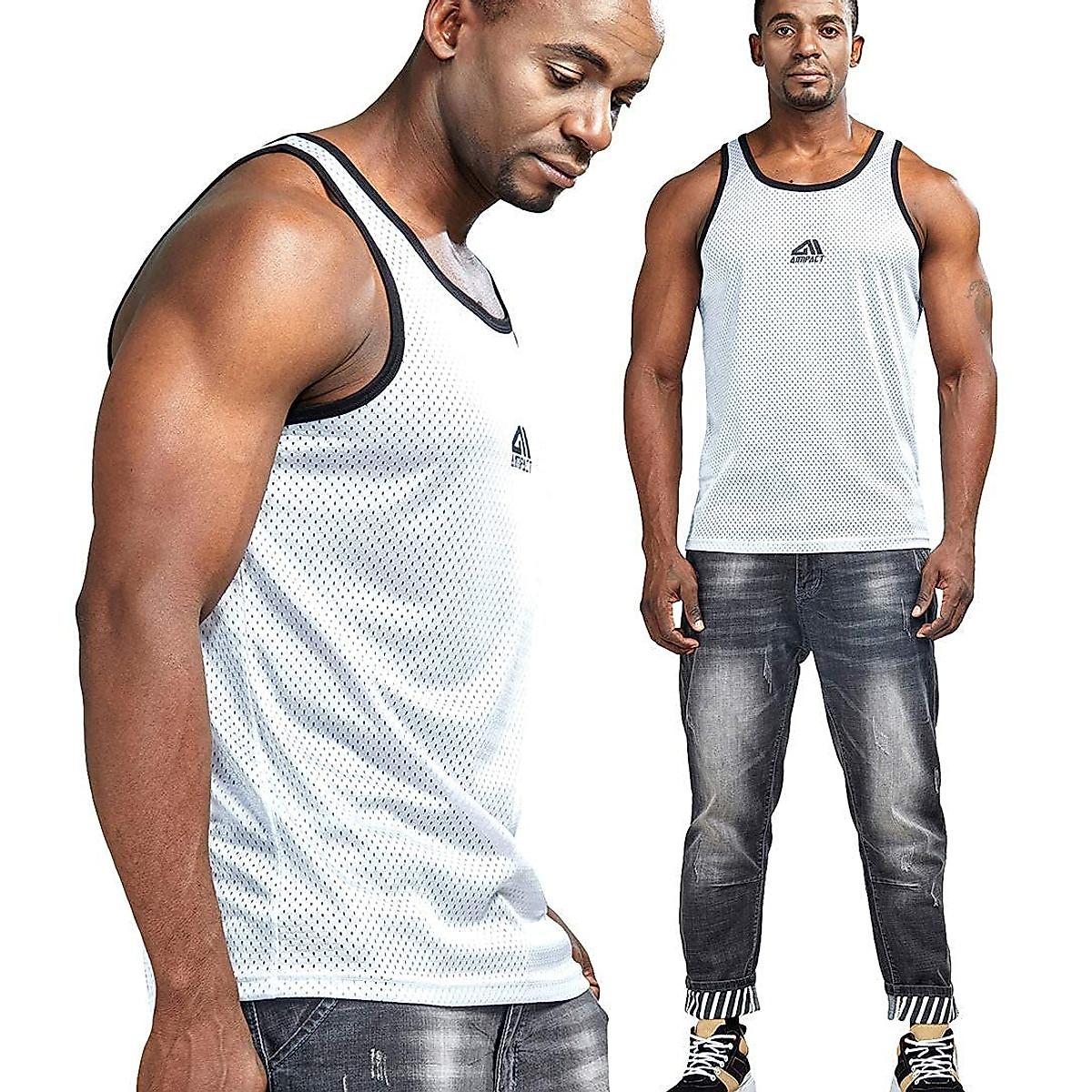 AIMPACT Men Athletic Workout Tank Top Mesh Quick Dry Jersey Casual Sleeveless Shirts(White L)
