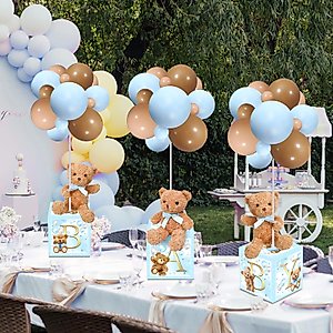 Lenwen 3 Sets Jungle Animal Decoration for Baby Shower, Baby Letter Boxes Baby Shower Table Centerpiece Stuffed Animals Balloon with Stand Animal Plush Baby Boxes for Party(Bear, Blue)
