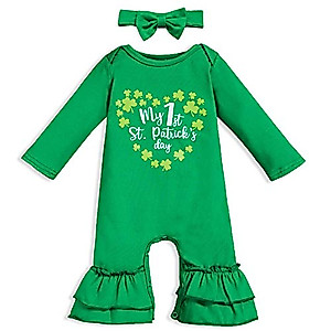 My 1st St. Patricks Day Romper Baby Girl Ruffle Jumpsuit Shamrock Print Long Sleeve Coming Home Outfits+Headband (Green, 1-3 Months)