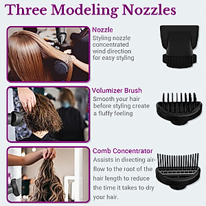 Supsilk Compact Hair Dryer with Comb, Volumizer Brush, Nozzle Attachment 3-in-1 Blow Dryer, Hairdryer for 1a to 4c Curly Hair, Professional Lightweight Turbo AC Motor 1800W Fast Drying and Cool Shot