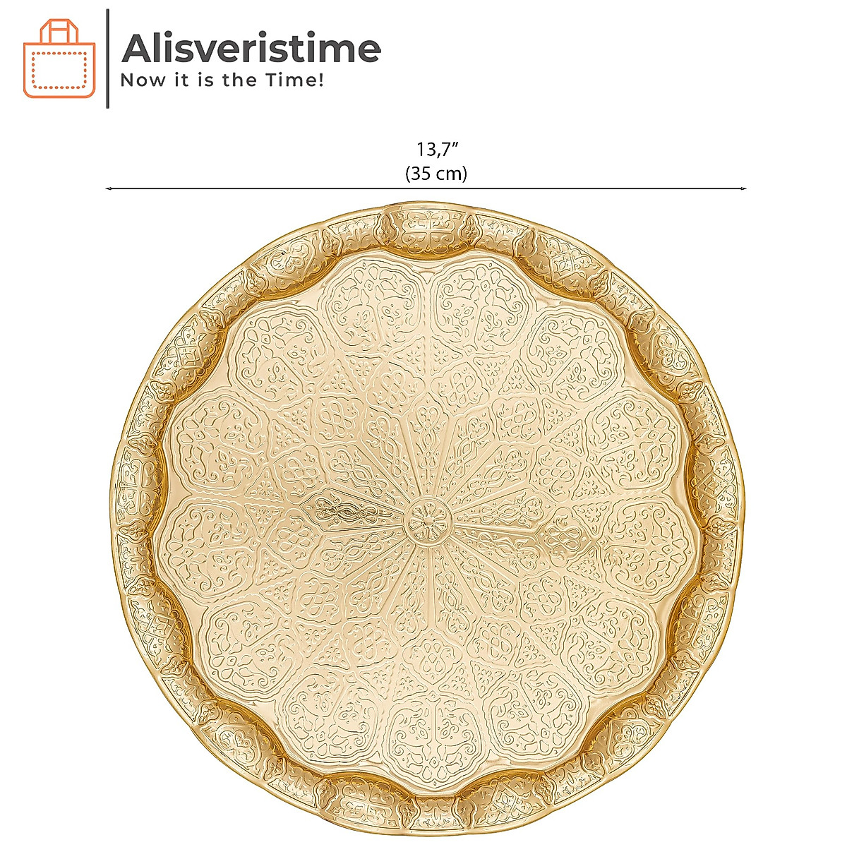 Alisveristime Turkish Ottoman Coffee Tea Serving Tray – 13.60 inches, Metal with Traditional Motifs, Available in Five Colors (Gold)