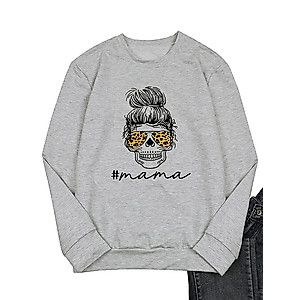 StarVnc Funny Mama Sweatshirt For Women Mom Life Leopard Skull Graphic Shirt Casual Long Sleeve Pullover Tops, Grey