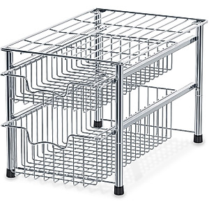 SimpleHouseware Stackable 2 Tier Sliding Basket + Single Tier Basket, Chrome