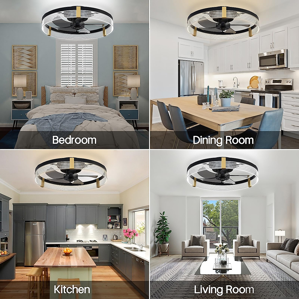 GOSONKT 19.7" Low Profile Ceiling Fan with Lights and Remote, Modern Flush Mount LED Stepless Dimmable, Reversible Blades,6 Speeds Timing for Bedroom, Indoor Use - Black