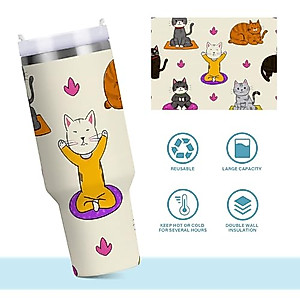 Nexawaveo Cats Doing Different Yoga Poses Beige Tumbler with Handle and Straw 30-40 oz Lid Cup Holder Compatible for Travel Insulated Stainless Steel Cup Food Grade PP Gifts for Him Her BPA-free