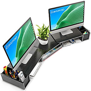 LORYERGO Dual Monitor Stand Riser, Laptop Stand with Storage Accessories Slots, Length and Angle Adjustable Computer Stand, Desktop Stand with Storage Organizer for Computer, Laptop, Printer