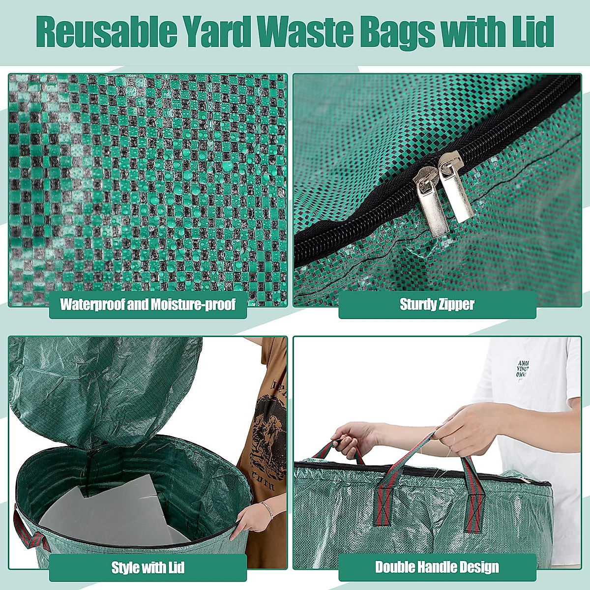 Kingdder 4 Pack 132 Gallon Reusable Yard Waste Bags with Lid, Extra Large Lawn Leaf Bags with 2 Handles & Zipper, Heavy Duty Collapsible Garden Yard Leaf Containers for Outdoor Debris Leaves