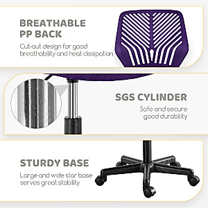 Yaheetech Students Cute Desk Chair Low-Back Armless Study Chair w/Lumbar Support Adjustable Swivel Chair in Home Bedroom School, Purple