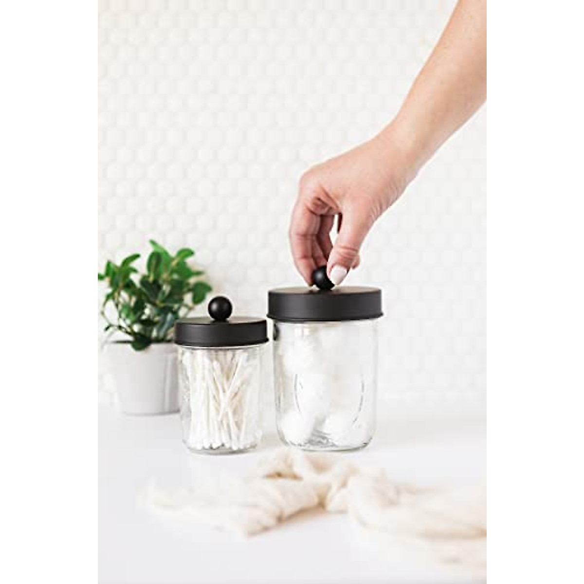 Jarmazing Products Apothecary Lid Storage Set with Ball Mason Jars - Farmhouse Home Decor for Vanity Organization - Luxury Bathroom, Kitchen and Office Accessories - Black - Two Pack