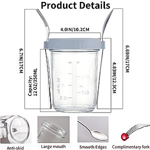 P&Y Overnight Oats Containers with Lids, 12 Oz Glass with Spoons and Forks, Oatmeal Container with Letter Silicone Label for Yogurt Fruit Vegetable Salad(Gray J with Forks 2Pack)