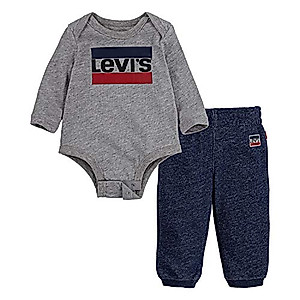 Levi's Baby Long Sleeve Bodysuit and Joggers 2-Piece Outfit Set, Grey Heather/Navy, 3M