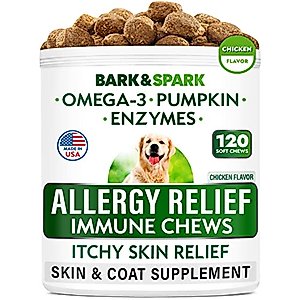 BARK&SPARK Allergy Relief Dog Treats - Omega 3 + Pumpkin + Enzymes - Itchy Skin Relief - Seasonal Allergies - Anti-Itch & Hot Spots - Immune Supplement - Made in USA - Chicken Flavor Soft Chews