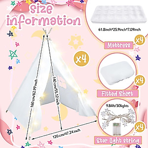 Windyun 4 Pack Kids Teepee Tent Bulk with Light String & Inflatable Airbed & Bedding Fitted Sheet, Natural Cotton Toddler Play Tent Washable Foldable Tent for Girls Boys Indoor Outdoor (White)