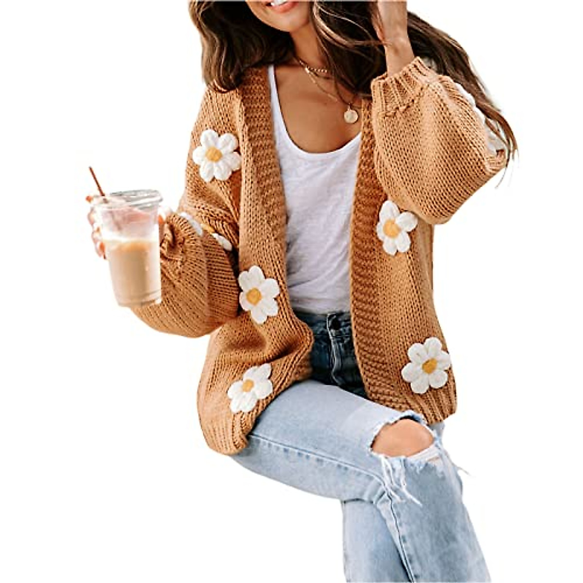Women Crop Cardigan Sweater Long Lantern Sleeve 3D Flower Open Front Y2K Knit Cardigan Kawaii Crochet Sweater Tops (Camel+Flower, M)