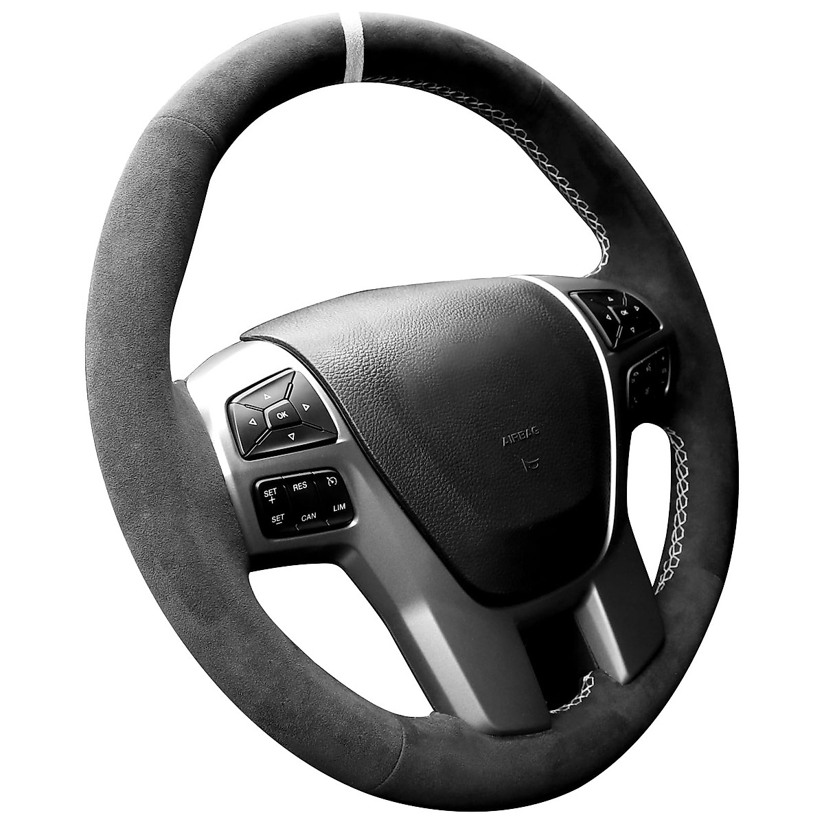 Alfanxi Hand Stitch Alcantara Steering Wheel Cover Compatible with Ford Ranger Lariat XL XLT Everest 2016-2019 (White Stripe)