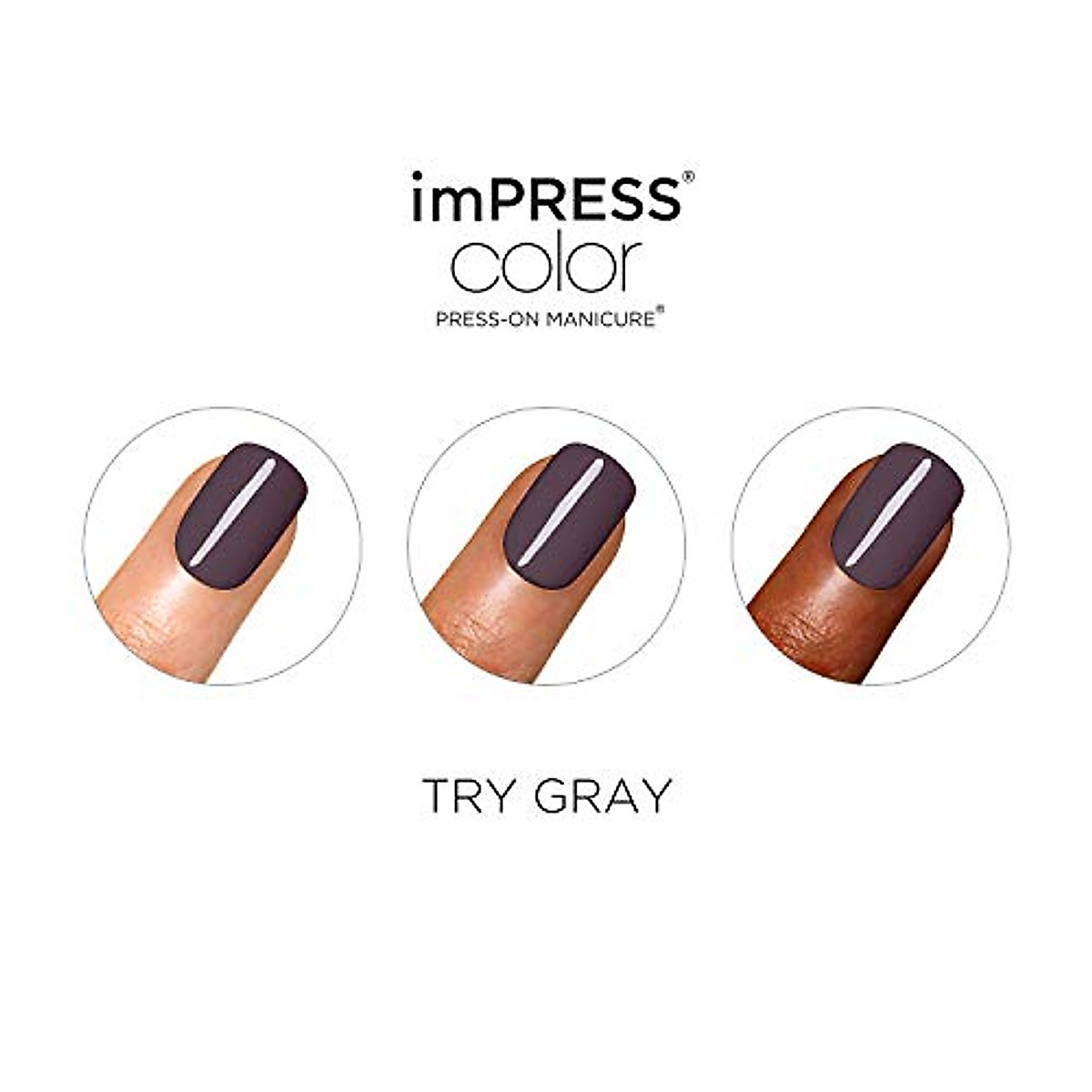 KISS imPRESS No Glue Mani Press On Nails, Color, 'Try Gray', Gray, Short Size, Squoval Shape, Includes 30 Nails, Prep Pad, Instructions Sheet, 1 Manicure Stick, 1 Mini File