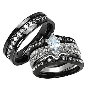 Marimor Jewelry His Hers 4 Piece Black Stainless Steel and Titanium Wedding Engagement Ring Band Set Size Women's 08 Men's 11