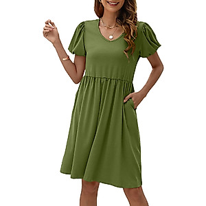 V Neck Womens Dresses Spring Casual Knee Length Summer Army Green Dress XL