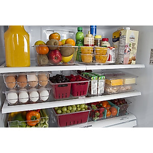 Kitchen Spaces KSDCB12-AMZ Twin Colander Stackable Food Storage Organizer for Fridge, Freezer, and Pantry, 8.8" x 6.8" x 3.9", Red & Clear