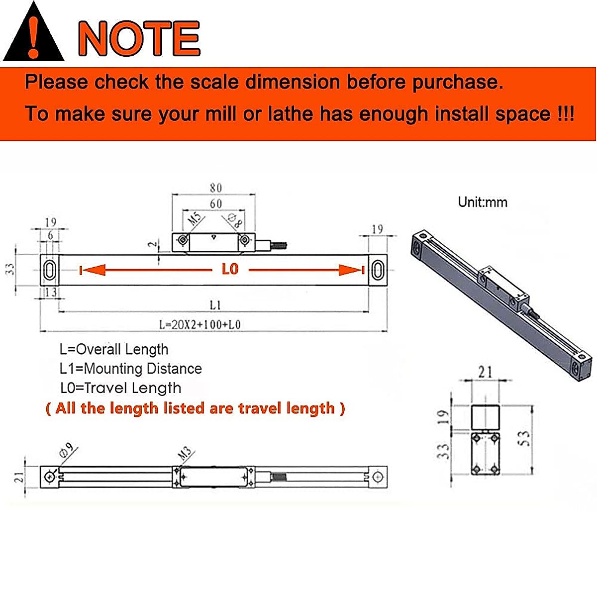 TOAUTO 12' '& 40'' 2 Axis DRO Digital Readout Linear Scale 300mm+1000mm Linear Encoder for Milling Lathe Machine