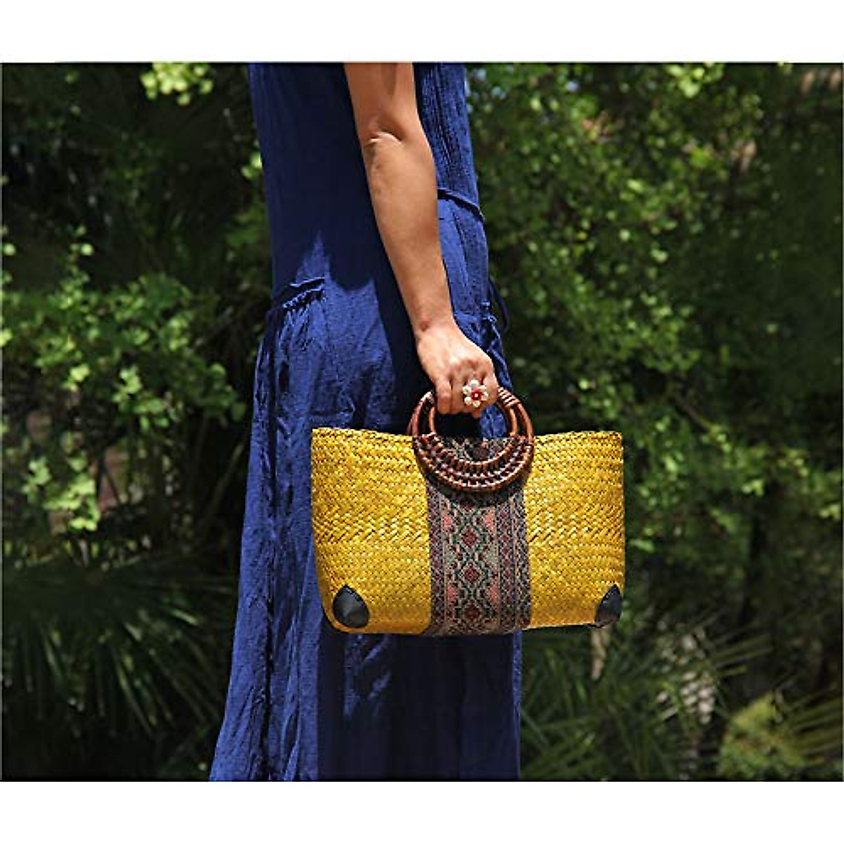 QTKJ Women Summer Retro Straw Bag with Printing Hand-woven Beach Handbag Top Round Handle Boho Tote Bag Shopping and Travel Large Bag (Yellow)