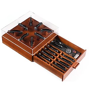 Pocket Knife Display Case Pocket Knife Case Pocket Knife Holder Stores Upto 30 Knives in Two-tier Pocket Knife Storage with Shatterproof Acrylic Glass Top Large Wooden Shelf and Walnut Color Finish