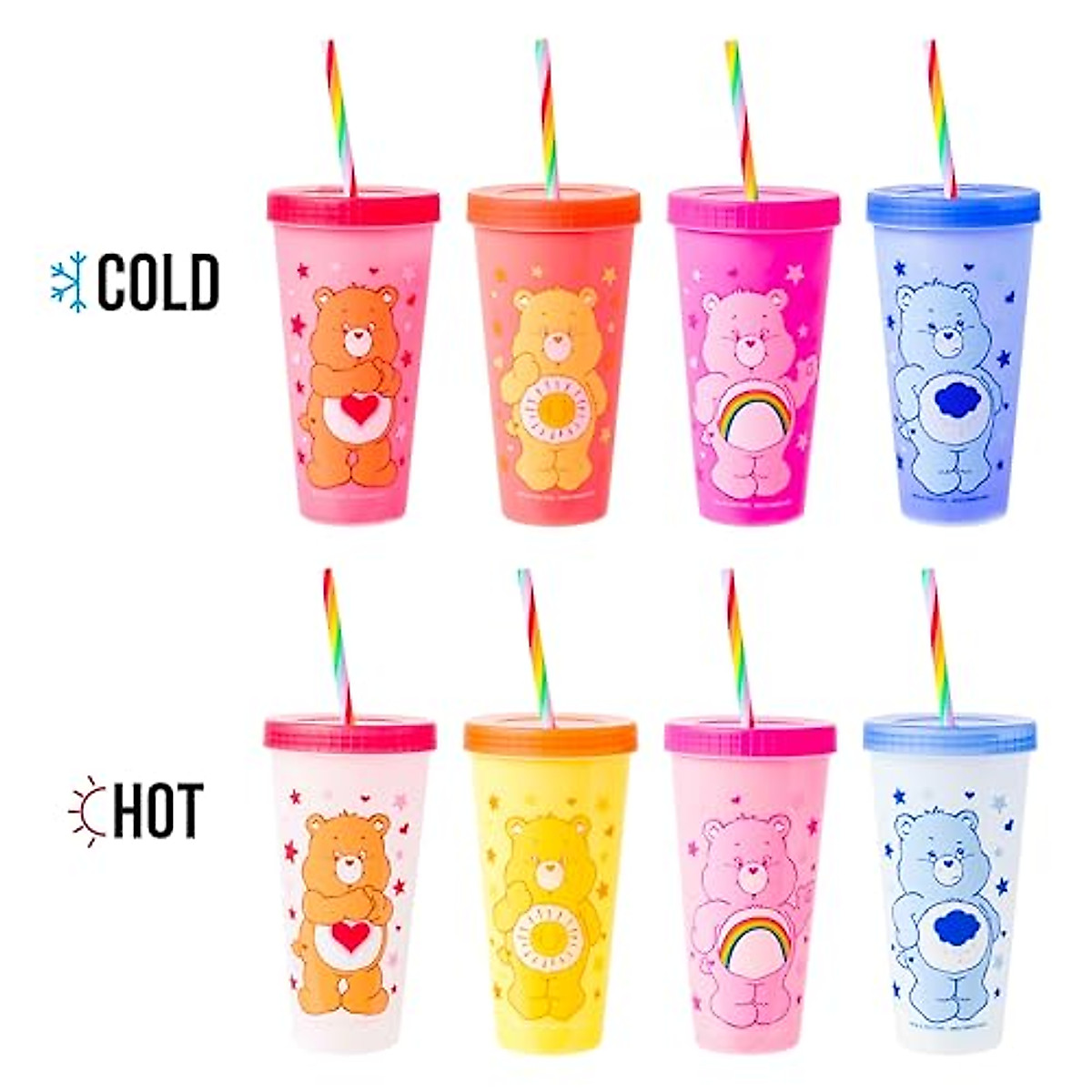 Silver Buffalo Care Bears Hearts and Stars 4 Pack Plastic Color Changing Tumblers with Rainbow Swirl Straws Featuring Tenderheart, Funshine, Cheer, and Grumpy Bear 24 Ounces