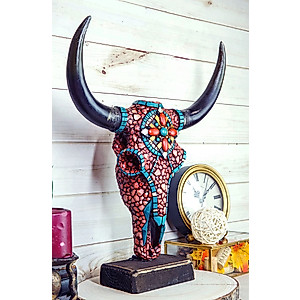 Ebros Gift 18" High Large Western Southwest Steer Bison Buffalo Bull Cow Skull Head with Red Fire Stones Turquoise Beads and Cross Design Desktop Sculpture Native Indian Sacred Skulls