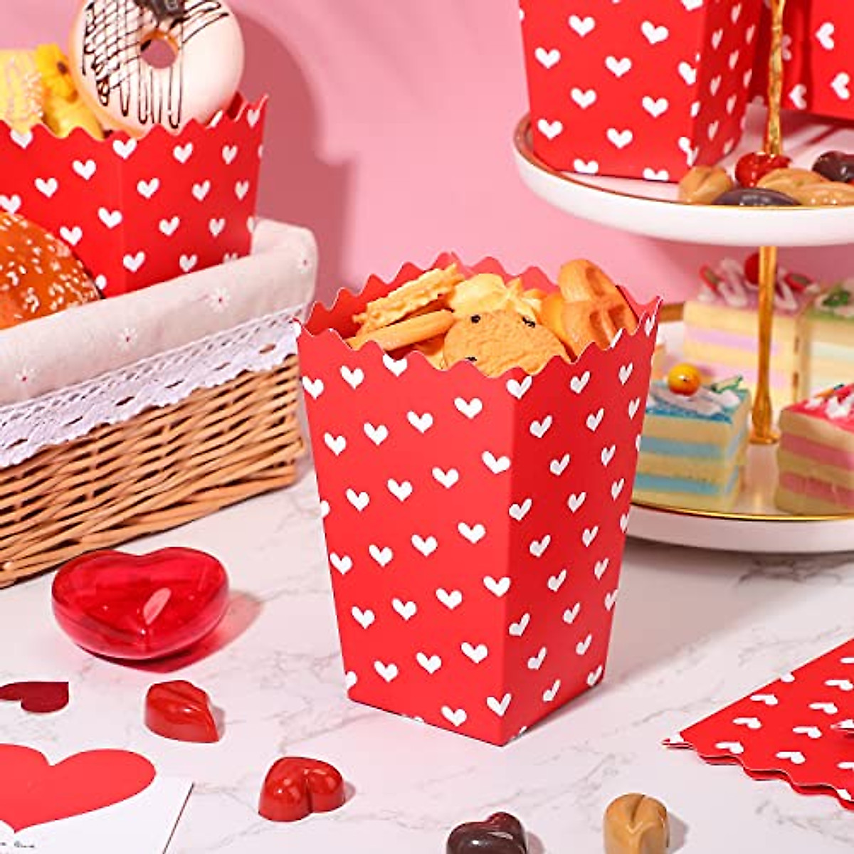 30 Pack Valentine's Day Conversation Hearts Candy Treat Boxes Valentine Hearts Party Favor Popcorn Treat Boxes Red Open Top Popcorn Box for Valentine Dessert Tables and Wedding Favors